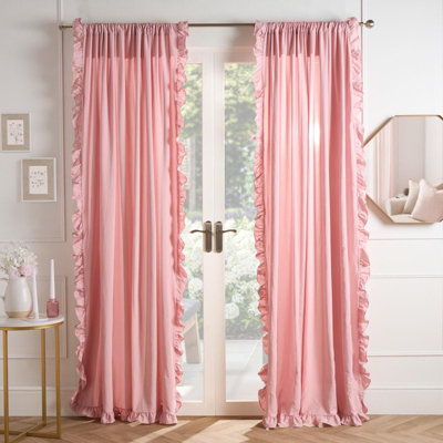 Frill Voile Net Curtains 2 Window Panels Sheer Rod Slot Top Pair Set, Blush