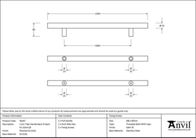 From The Anvil Polished Marine SS (316) 1.2m T Bar Handle B2B Fix 32mm Dia.