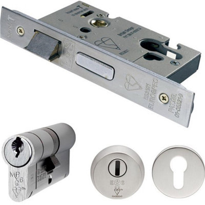 Front Door Sashlock & EURO Double Cylinder Lock Kit - 76mm Satin Steel ...