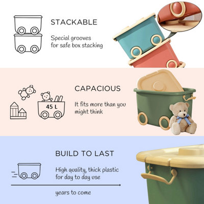 Froppi 45L Wheeled Storage Box Green Plastic Storage Box with Lid Stackable Storage Box Kids