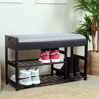 Froppi™ 80cm Shoe Bench, Black Wooden Shoe Rack with Padded Seat and ...