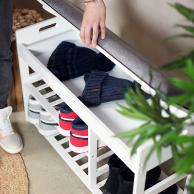 Froppi 80cm Shoe Bench White Wooden Shoe Rack with Padded Seat and Hidden Storage L80