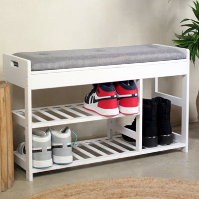 Froppi 80cm Shoe Bench White Wooden Shoe Rack with Padded Seat and Hidden Storage L80