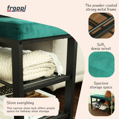 Froppi™ Premium Shoe Bench with Buttoned Forest Green Velvet Seat & 2 ...