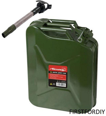 FUEL CAN JERRY 20 LITRE METAL PETROL DIESEL 20L ARMY CONTAINER & SPOUT ...