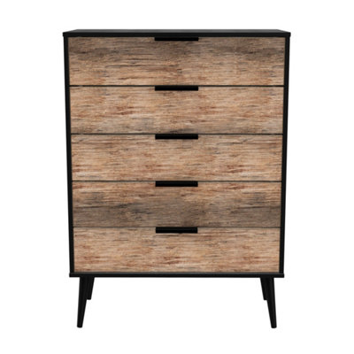 Fuji 5 Drawer Chest in Vintage Oak & Black (Ready Assembled)