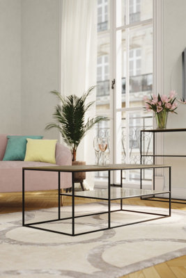 Fulham Coffee Table With A Shelf Black Frame, Brass Cast & Pebble