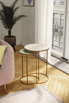 Fulham Nest Of Round Tables Brass Frame, White Marble & Green