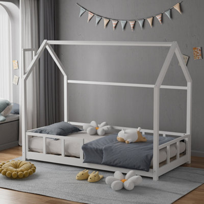 Full House Floor Bed for Kids Pine Wood Floor Bed Frame with Roof Wood House Bed