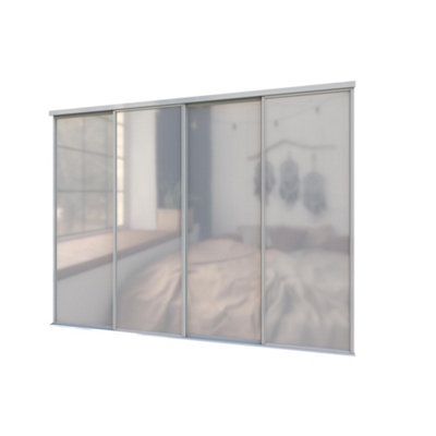 Full Length Mirror 4-Door Sliding Wardrobe Door Kit, Silver Frame ...