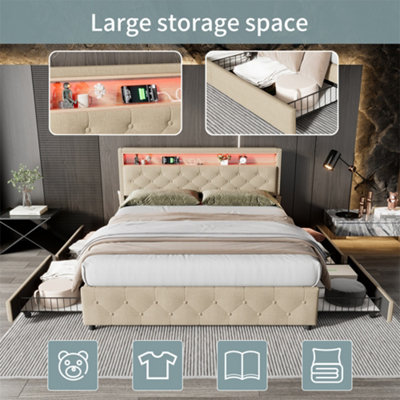 Functional Bed, LED Light Bed, bedside Pocket Design, with Four Storage ...