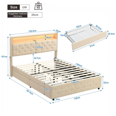 Functional Bed, LED Light Bed, bedside Pocket Design, with Four Storage ...
