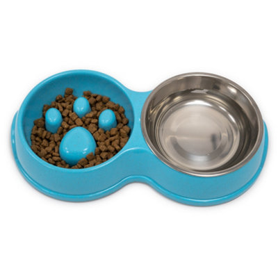 Fur & Bone Double Slow Feeder Dog Bowl - (Blue) - Non-Slip Base ...