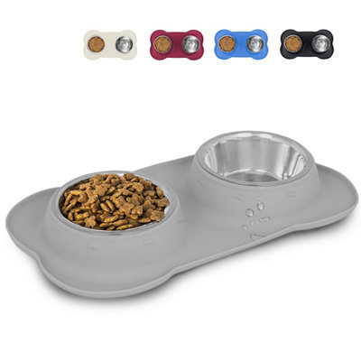 FurDreams Twin Dog and Cat Bowls, Bone Shaped Mat with Stainless Steel ...