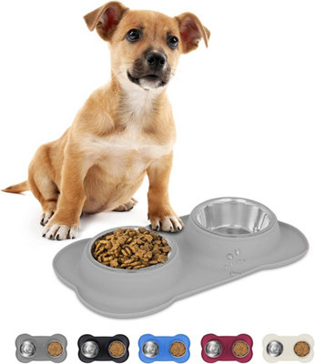 FurDreams Twin Dog and Cat Bowls, Bone Shaped Mat with Stainless Steel ...