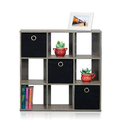 Furinno Simplistic 9-Cube Organizer with Bins, French Oak Grey/Black