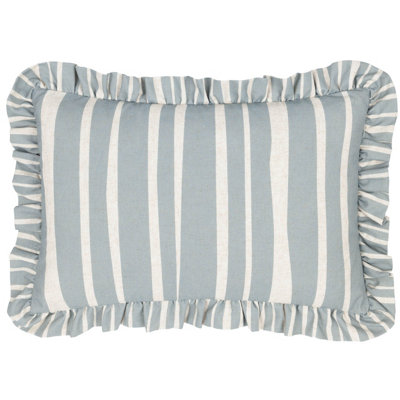 furn. Carmon Stripe Ruffle Linen/Blue Polyester Filled Cushion, 40 x 60cm
