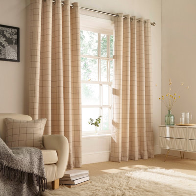 Furn Ellis Check Room Darkening Eyelet Curtain Pair Natural (W)229cm x ...