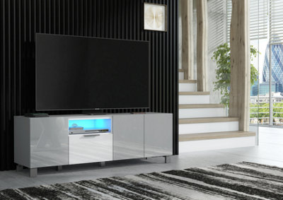 Furneo 150cm TV Stand Grey White High Gloss Matt Unit Cabinet Blue LED ...