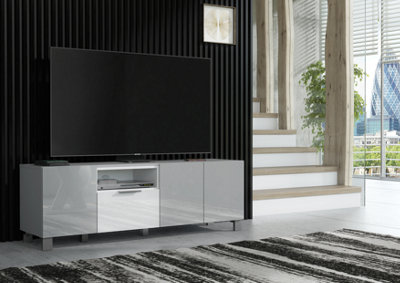 Furneo 150cm TV Stand Grey White High Gloss Matt Unit Cabinet White LED ...
