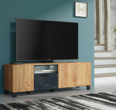 Furneo 150cm TV Stand Oak & Black Concrete Effect Unit Cabinet White ...