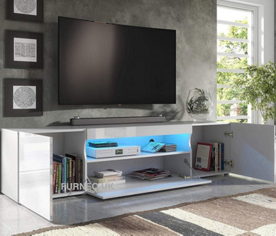 Furneo 200cm Long TV Stand Unit Cabinet Matt & High Gloss White Clifton ...