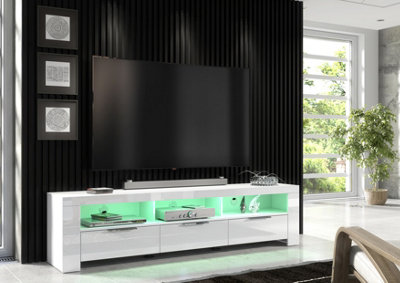 Furneo 200cm White Long TV Stand Unit Cabinet Matt & High Gloss RGB ...
