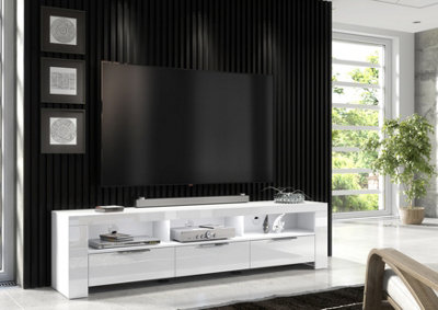 Furneo 200cm White Long TV Stand Unit Cabinet Matt & High Gloss White ...