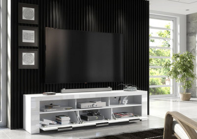 Furneo 200cm White Long TV Stand Unit Cabinet Matt & High Gloss White ...