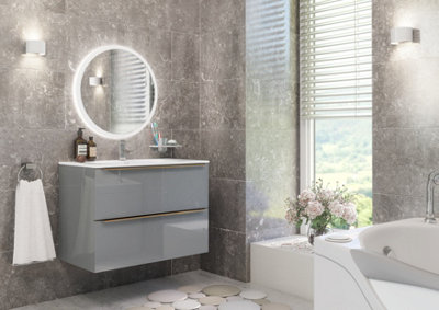 Furneo Bathroom Vanity Unit Floating Storage Basin Gloss Grey 2-Drawer ...