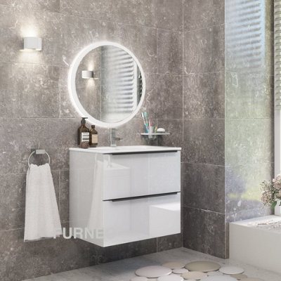 Furneo Bathroom Vanity Unit Floating Storage Basin Gloss White 2-Drawer ...