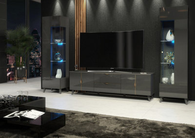 Furneo Grey Living Room Set TV Stand Display Cabinets High Gloss & Matt ...