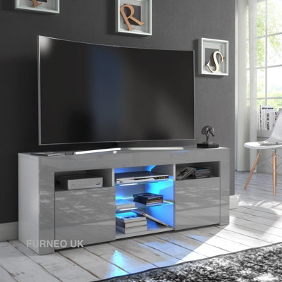 Furneo Grey TV Stand 120cm Unit Cabinet Matt High Gloss Puzzo G Blue LED Lights