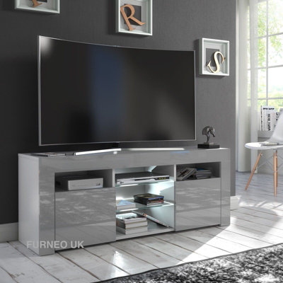 Furneo Grey TV Stand 120cm Unit Cabinet Matt & High Gloss Puzzo G White ...