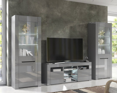 Furneo High Gloss Matt Grey Living Room Set TV Stand Display Cabinets MilanoG White LED Lights