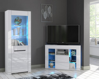 Furneo High Gloss & Matt White Living Room Set Corner TV Stand Display ...
