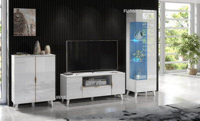 Furneo High Gloss & Matt White Living Room Set TV Stand Display Cabinet ...