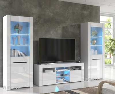 Furneo High Gloss & Matt White Living Room Set TV Stand Display ...