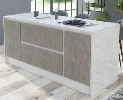 Furneo Kitchen Island Modern Breakfast Bar Cupboard White Marble Grey ...