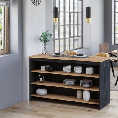 Furneo Kitchen Island Modern Breakfast Bar Shelves Black Concrete & Oak ...
