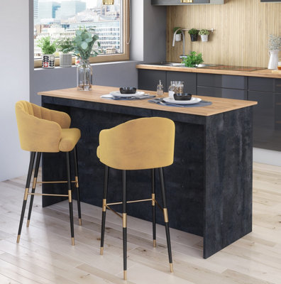 Furneo Kitchen Island Modern Breakfast Bar Shelves Black Concrete & Oak ...
