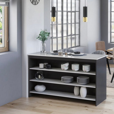 Furneo Kitchen Island Modern Breakfast Bar Shelves Graphite & Marble ...
