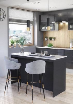 Furneo Kitchen Island Modern Breakfast Bar Shelves Graphite & Marble ...