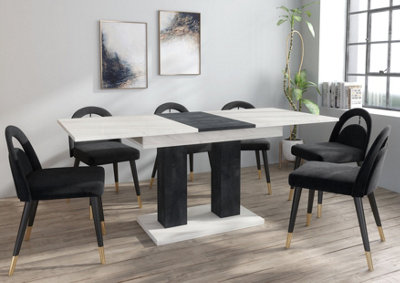 Furneo Modern Dining Table Extendable 140-180cm White Marble & Black Concrete Effect Theo 05