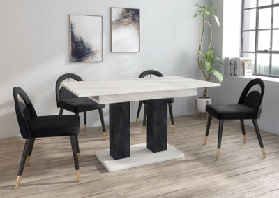 Furneo Modern Dining Table Extendable 140-180cm White Marble & Black Concrete Effect Theo 05