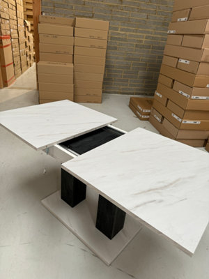 Furneo Modern Dining Table Extendable 140-180cm White Marble & Black Concrete Effect Theo 05