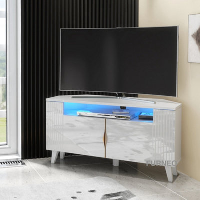 Furneo White Corner TV Stand 100cm Unit Cabinet Matt & High Gloss ...
