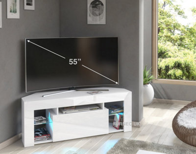 Furneo White Corner TV Stand 125cm Unit Cabinet Matt & High Gloss ...