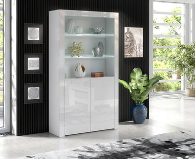 Furneo White Display Cabinet Modern High Gloss &Matt 2-Door Cupboard White LED Lights Clifton 20
