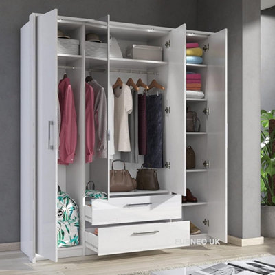 Furneo White Mirrored Wardrobe High Gloss Matt Modern 4 Door 2 Drawer Bedroom Storage With LED